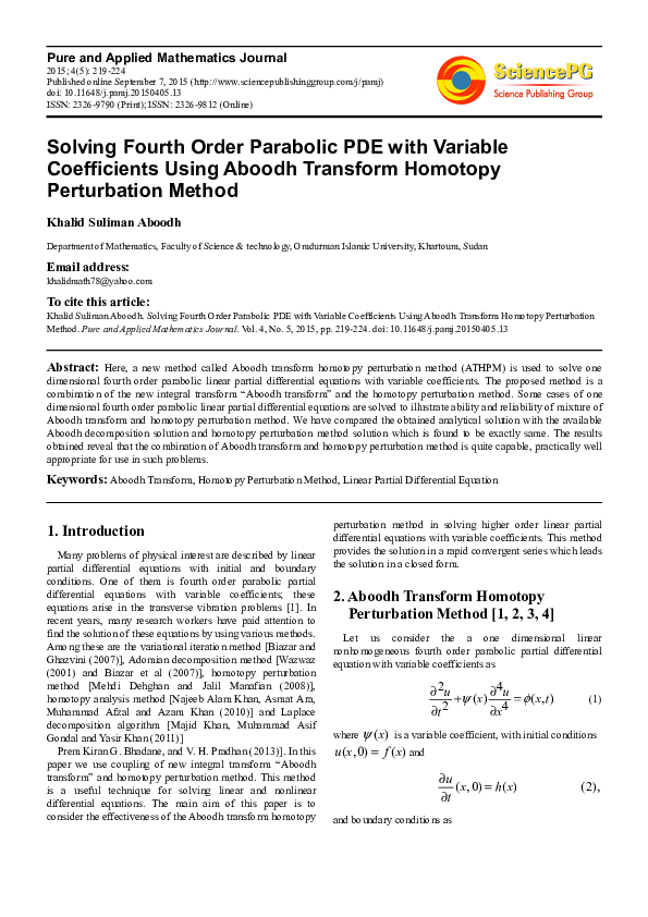Pdf Solving Fourth Order Parabolic Pde With Variable Coefficients Using Aboodh Transform
