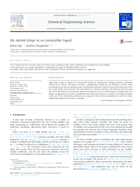 (PDF) On skirted drops in an immiscible liquid | Bahni Ray and Andrea ...