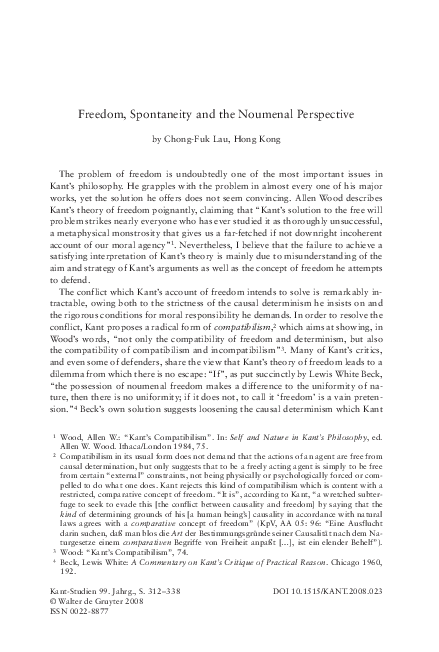 (PDF) Freedom, Spontaneity and the Noumenal Perspective