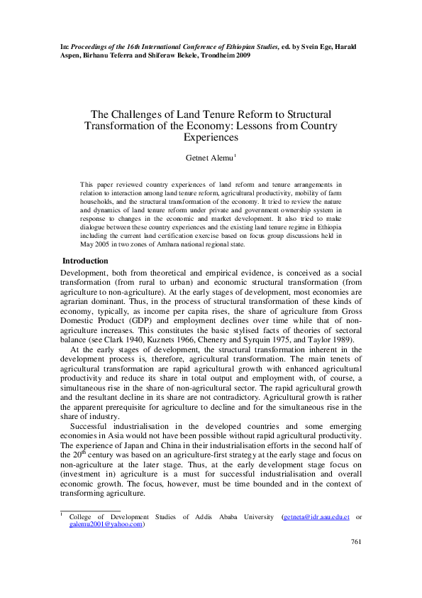 (PDF) Challenges of Land Reform to Structural Transformation