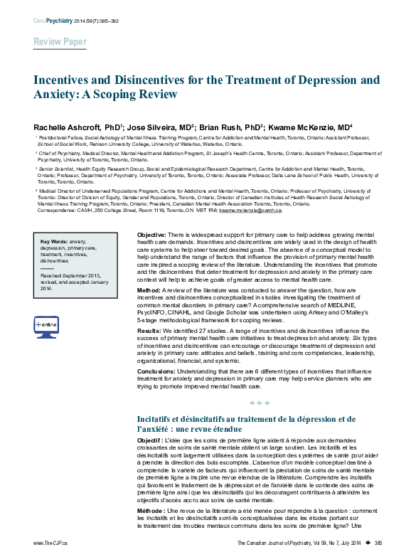 (PDF) Incentives and disincentives for the treatment of depression and ...