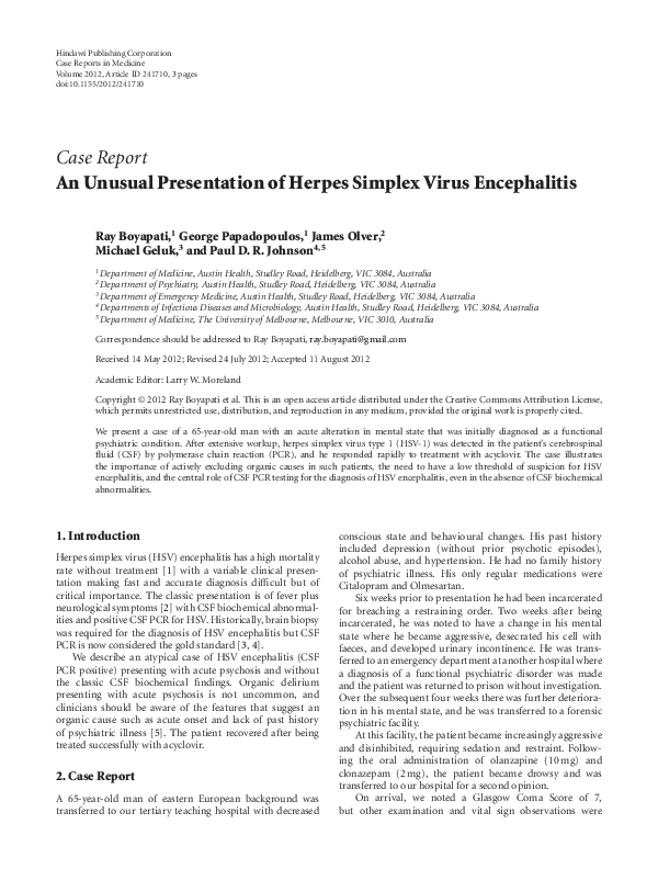 (PDF) Atypical Presentation of Herpes Simplex Virus 1 Encephalitis in ...