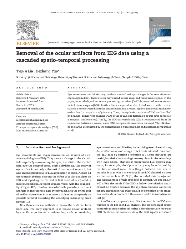 (PDF) Removal of the ocular artifacts from EEG data using a cascaded spatio-temporal processing