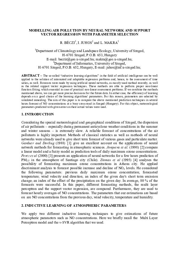 (PDF) MODELLING AIR POLLUTION BY NEURAL NETWORK AND SUPPORT VECTOR REGRESSION WITH PARAMETER ...