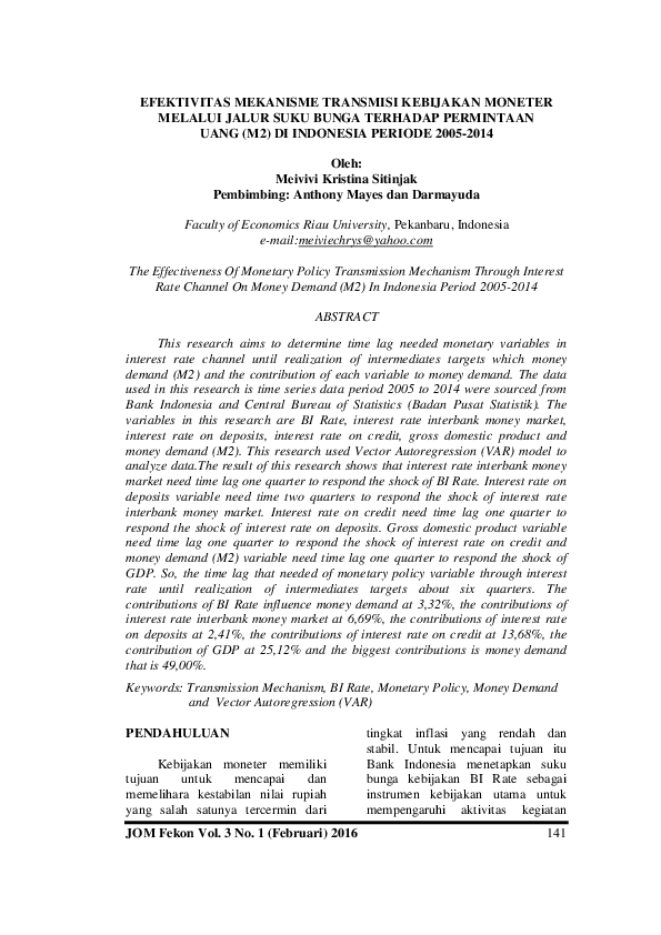 (PDF) EFEKTIVITAS MEKANISME TRANSMISI KEBIJAKAN MONETER MELALUI JALUR ...
