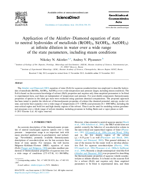 (PDF) Application of the Akinfiev–Diamond equation of state to neutral ...