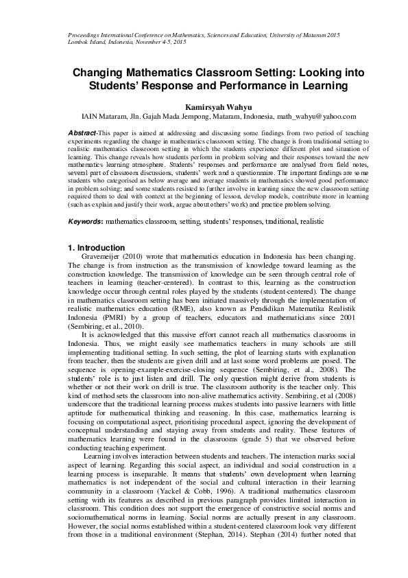 (PDF) Changing Mathematics Classroom Setting: Looking into Students ...