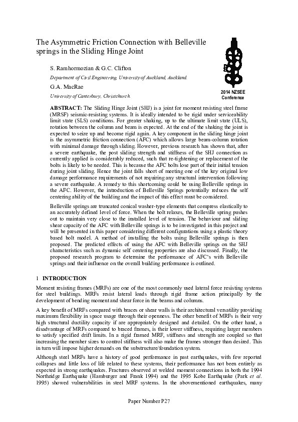 The Asymmetric Friction Connection With Belleville Springs In The Sliding Hinge Joint