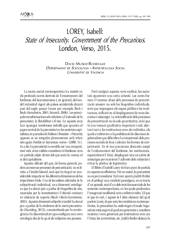 (PDF) Lorey, Isabell: State of Insecurity. Government of the Precarious