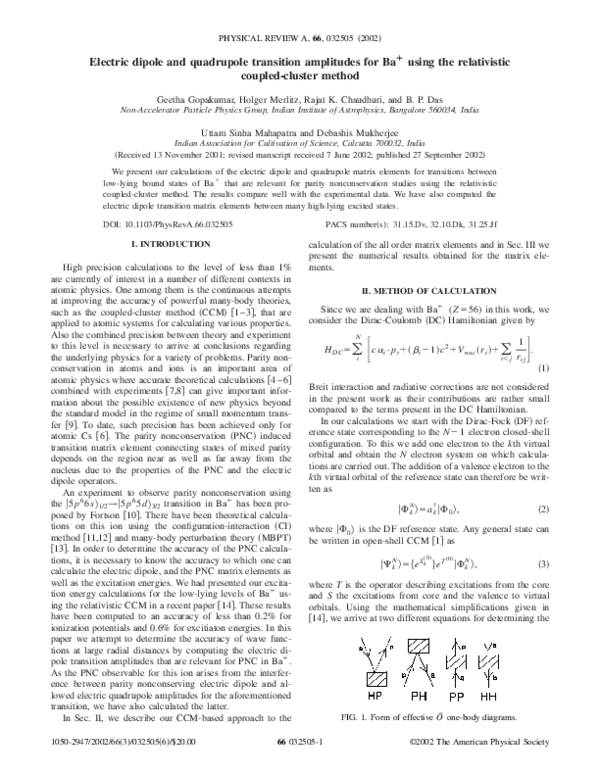 (PDF) Electric dipole and quadrupole transition amplitudes for Ba^{+} using the relativistic ...
