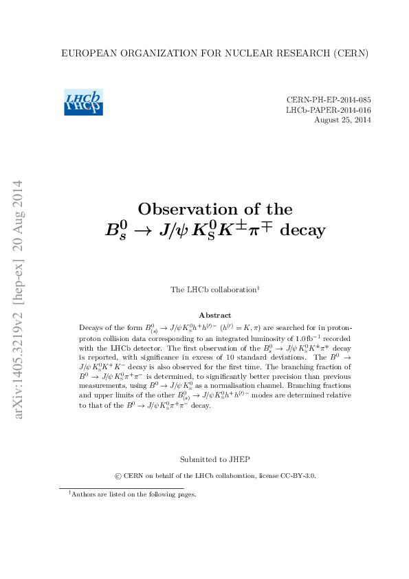 (PDF) Observation of the $B_s^0 \to J/\psi K_s^0 K^\pm \pi^\mp$ decay