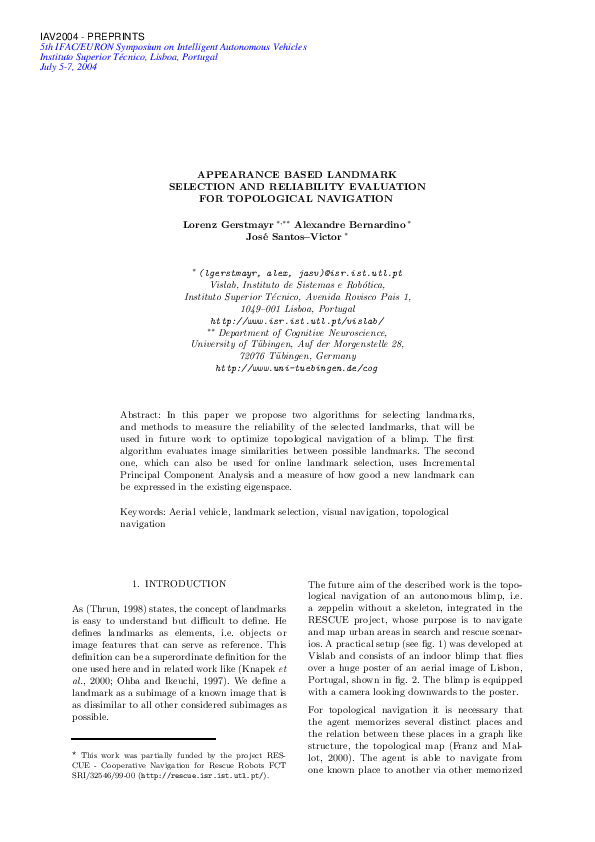 (PDF) Appearance based landmark selection and reliability evaluation for topological navigation