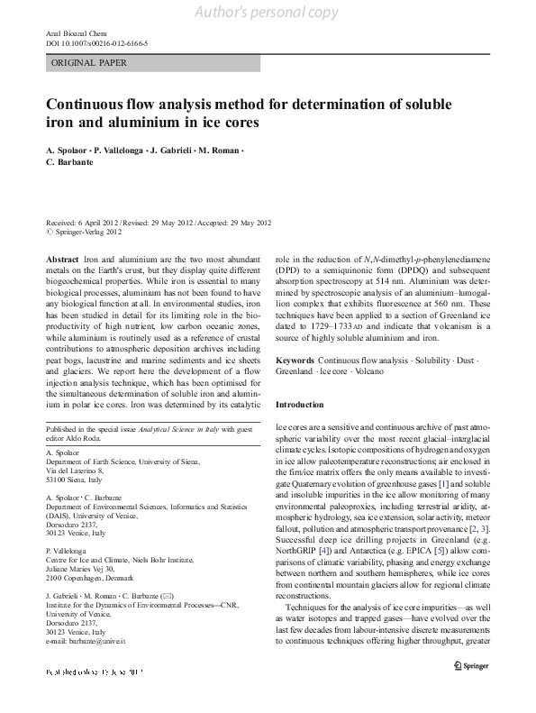 Continuous flow analysis method for determination of soluble iron and ...