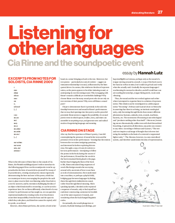 Listening for other languages: Cia Rinne and the soundpoetic event