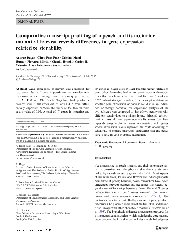 Pdf Comparative Transcript Profiling Of A Peach And Its Nectarine