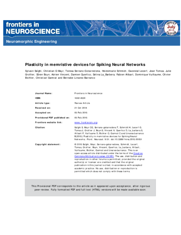 (PDF) Plasticity in memristive devices for spiking neural networks