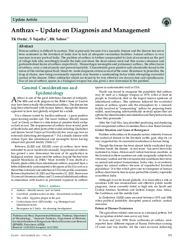 (PDF) Anthrax--update on diagnosis and management