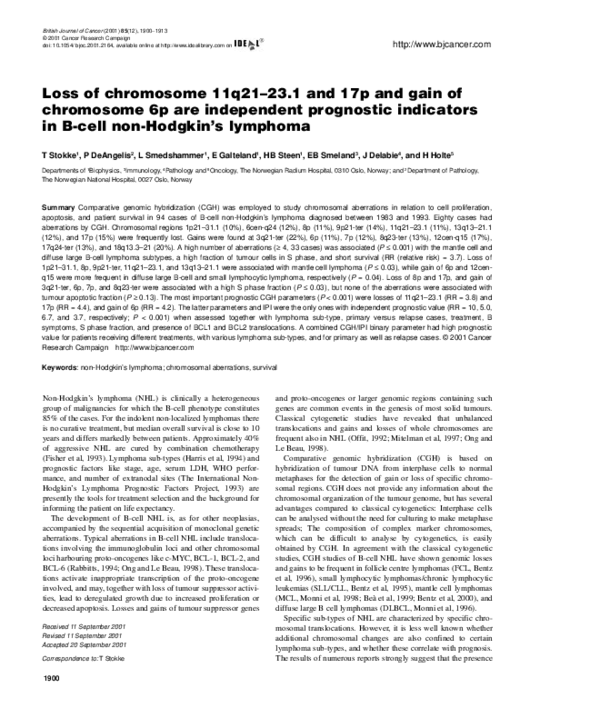 (PDF) Loss of chromosome 11q21-23.1 and 17p and gain of chromosome 6p ...