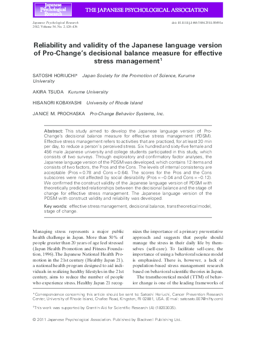 (PDF) Reliability and validity of the Japanese language version of Pro-Change's decisional ...