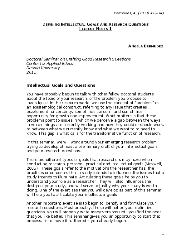 (DOC) Lecture 1 - Defining Intellectual Goals and Research Questions ...