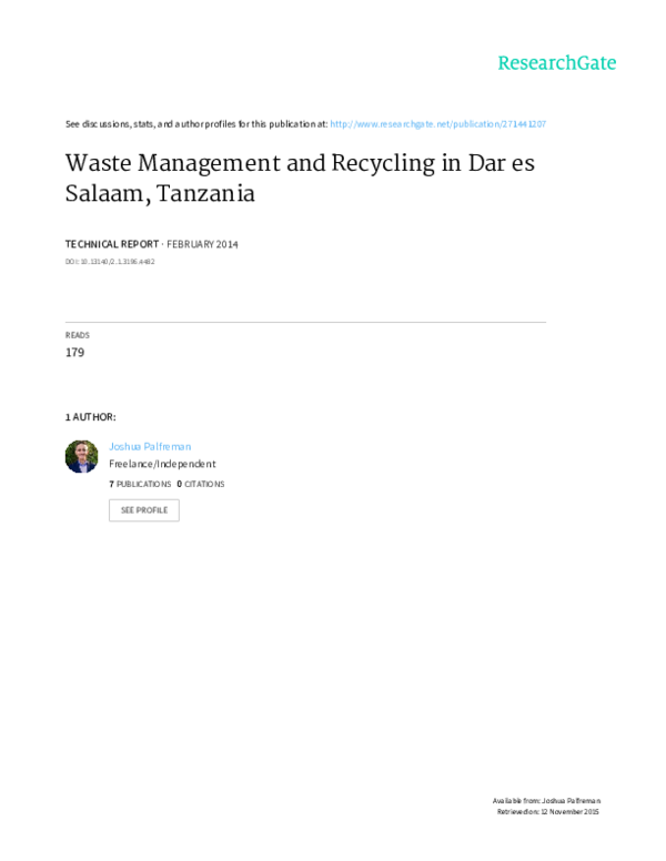 (PDF) Waste Management and Recycling in Dar es Salaam, Tanzania