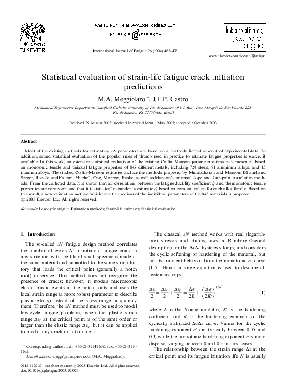 Pdf Statistical Evaluation Of Strain Life Fatigue Crack Initiation Predictions