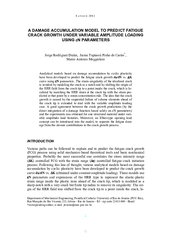 (PDF) A DAMAGE ACCUMULATION MODEL TO PREDICT FATIGUE CRACK GROWTH UNDER VARIABLE AMPLITUDE ...