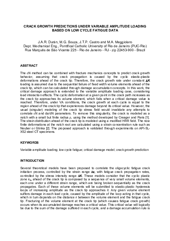 (PDF) CRACK GROWTH PREDICTIONS UNDER VARIABLE AMPLITUDE LOADING BASED ON LOW CYCLE FATIGUE DATA