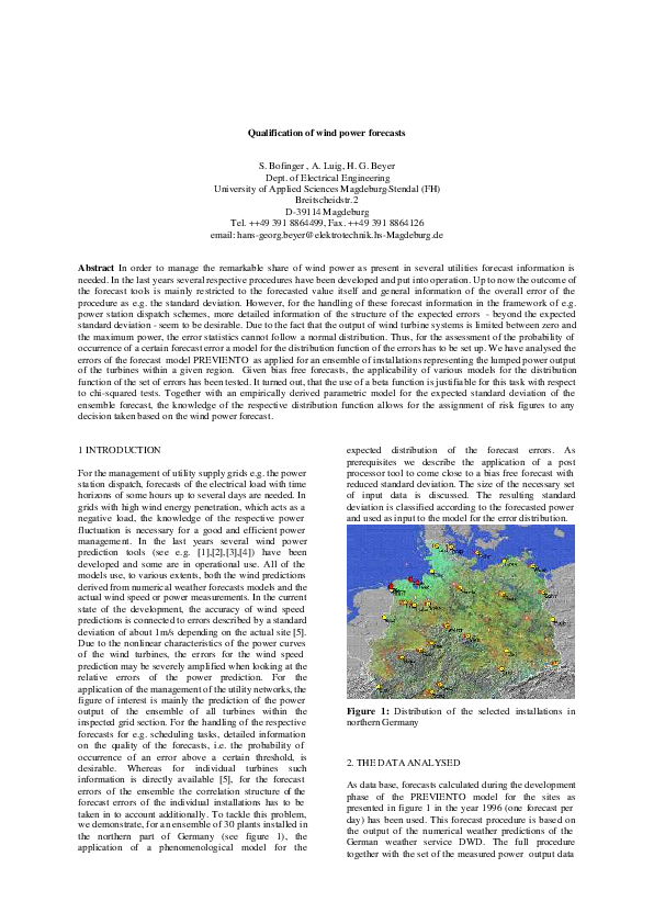 (PDF) Qualification of wind power forecasts