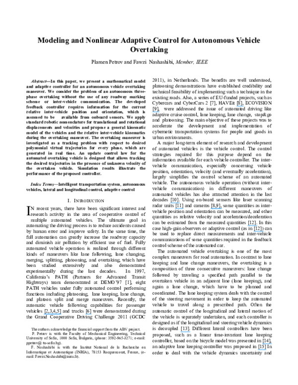 (PDF) Modeling and Nonlinear Adaptive Control for Autonomous Vehicle Overtaking