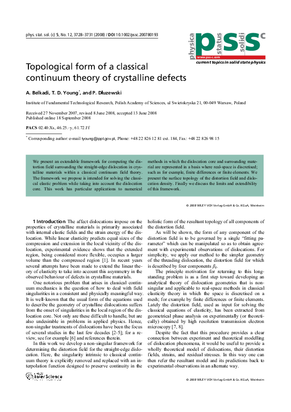 (PDF) Topological form of a classical continuum theory of crystalline ...