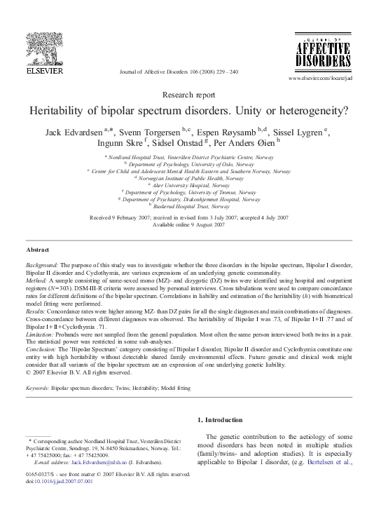 (PDF) Heritability of bipolar spectrum disorders. Unity or heterogeneity?