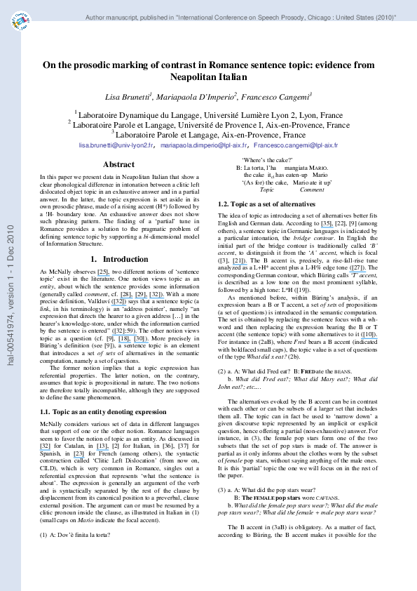 (PDF) On the prosodic marking of contrast in Romance sentence topic ...