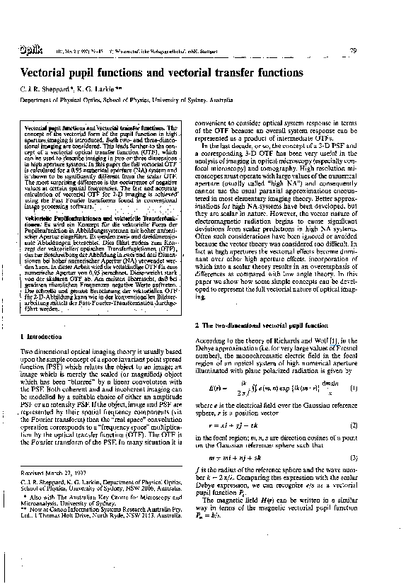 Pdf Vectorial Pupil Functions And Vectorial Transfer Functions