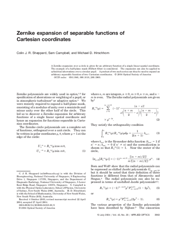 (PDF) Zernike Expansion of Separable Functions of Cartesian Coordinates