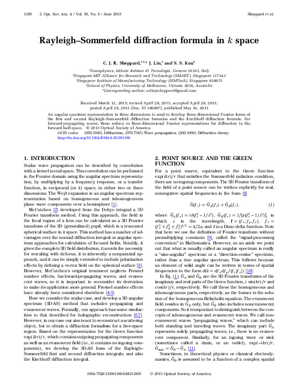 (PDF) Rayleigh–Sommerfeld diffraction formula in k space