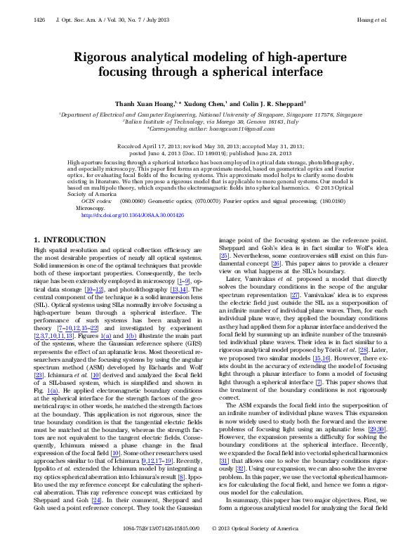 Pdf Rigorous Analytical Modeling Of High Aperture Focusing Through A Spherical Interface