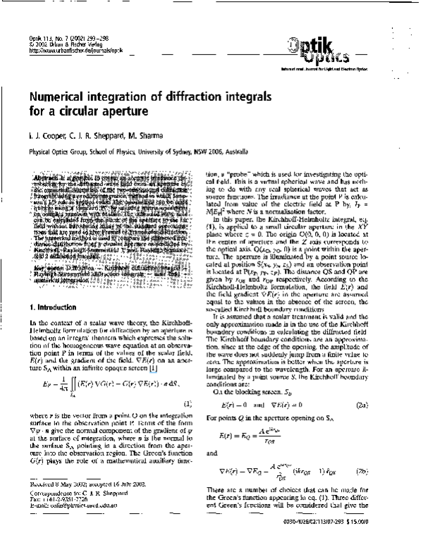 Pdf Numerical Integration Of Diffraction Integrals For A Circular