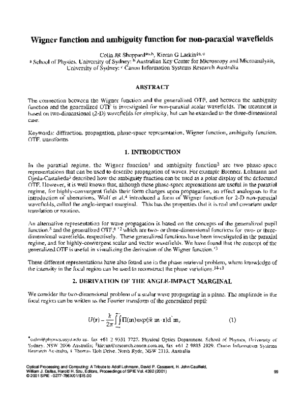 Pdf Wigner Function And Ambiguity Function For Nonparaxial Wavefields