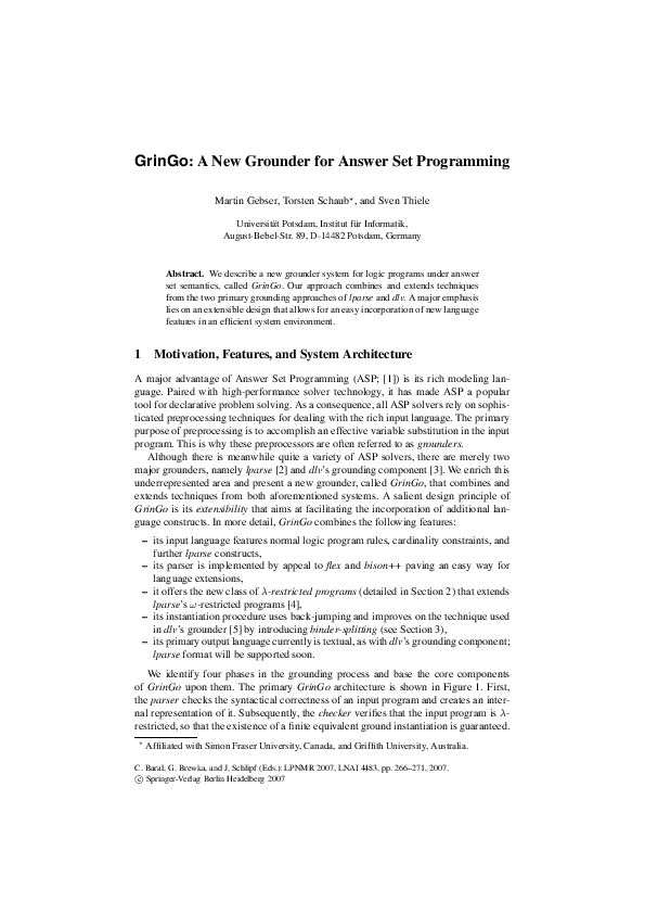 (PDF) GrinGo: A New Grounder for Answer Set Programming