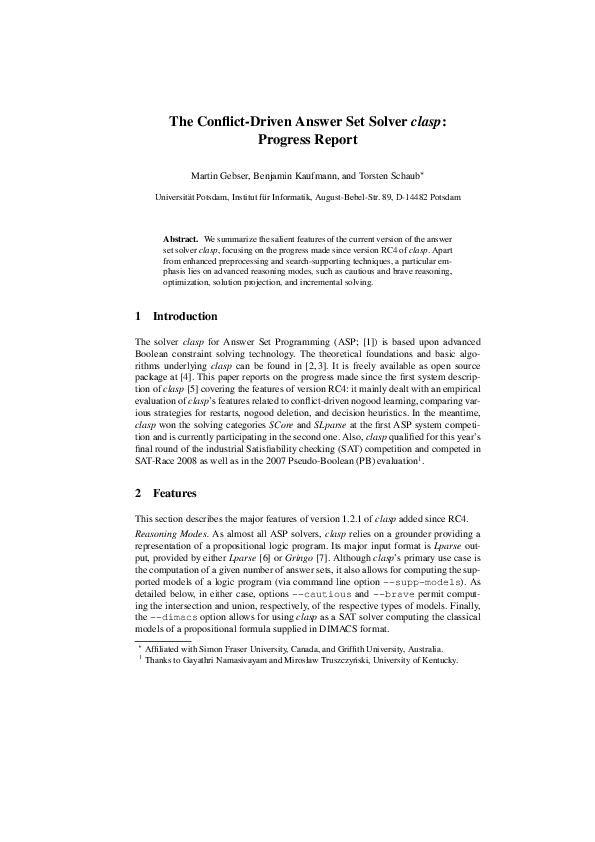 (PDF) The Conflict-Driven Answer Set Solver clasp: Progress Report
