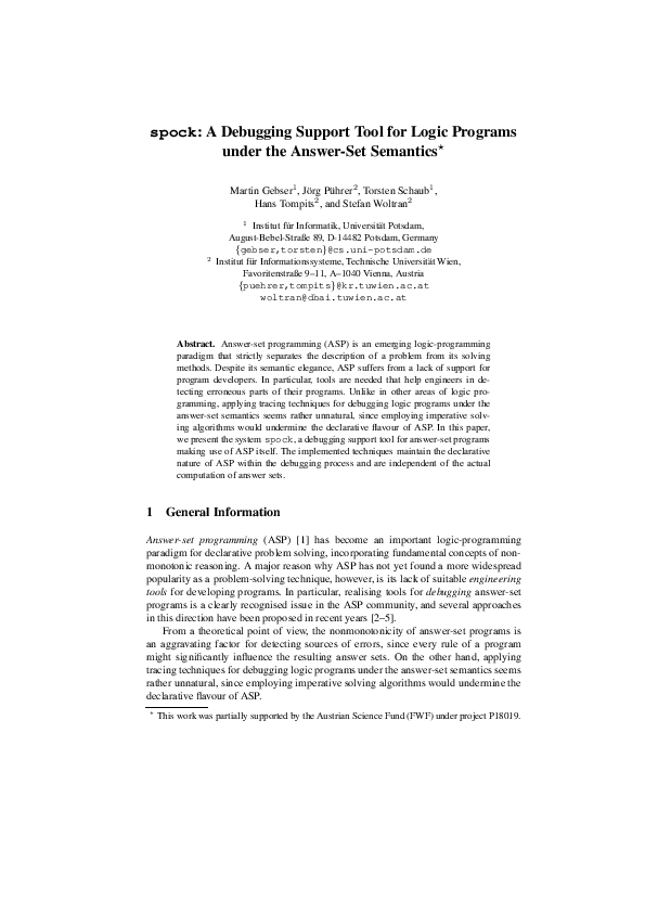 (PDF) spock: A Debugging Support Tool for Logic Programs under the Answer-Set Semantics
