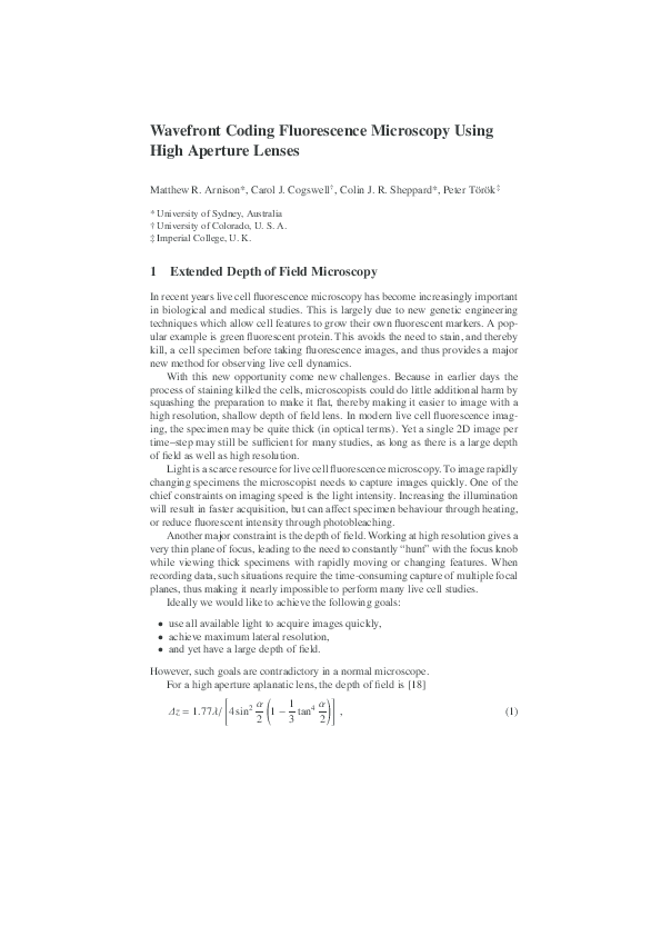 (PDF) Wavefront Coding Fluorescence Microscopy Using High Aperture Lenses | Colin Sheppard ...