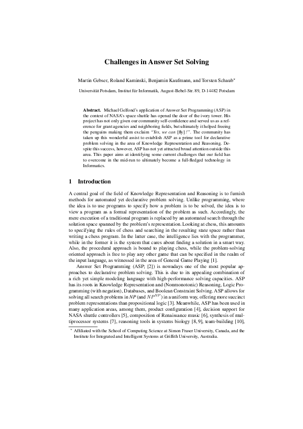 (PDF) Challenges in Answer Set Solving