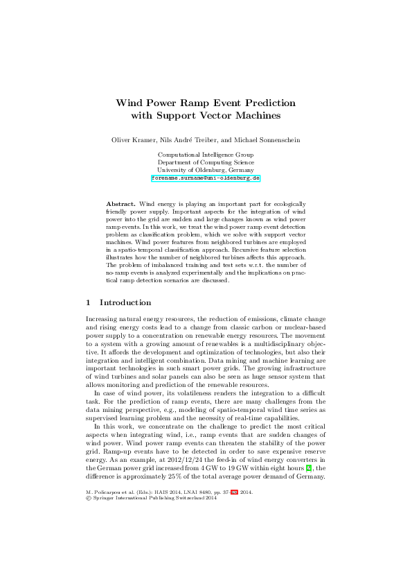 Pdf Wind Power Ramp Event Prediction With Support Vector Machines