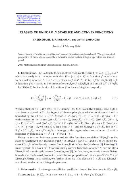 Pdf Classes Of Uniformly Starlike And Convex Functions Jay M