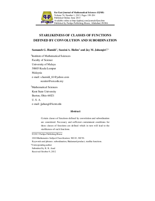 Pdf Starlikeness Of Classes Of Functions Defined By Convolution And