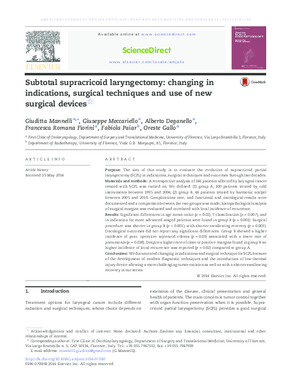 (PDF) Subtotal supracricoid laryngectomy: changing in indications ...