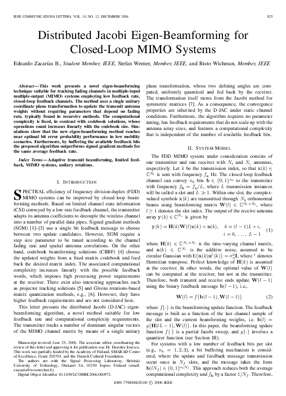 Pdf Distributed Jacobi Eigen Beamforming For Closed Loop Mimo Systems