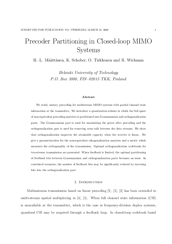 Pdf Precoder Partitioning In Closed Loop Mimo Systems Risto Wichman And O Tirkkonen 